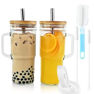 glass cups with bamboo lids and straws,24oz tumbler with handle,2 pack mason jar with lid and straw-wide mouth reusable drinking glasses,boba cup smoothie tumbler iced coffee cup travel mug