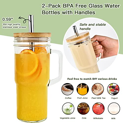 Glass Cups with Bamboo Lids and Straws,24oz Tumbler With Handle,2 Pack Mason Jar with Lid and Straw-Wide Mouth Reusable Drinking Glasses,Boba Cup Smoothie Tumbler Iced Coffee Cup Travel Mug