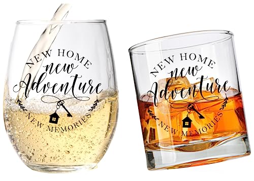 New Home New Adventures Wine and Whiskey Glass Gift Set - Unique Housewarming Gift for New Homeowners - New Home Gift Ideas for Women and Men