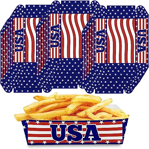 American Flag Paper Food Trays | (50 Pcs) Disposable USA Flag Concession Snack Trays | Patriotic Baskets for Nachos, Chips, Candy | Labor Day Party Decorations | Red, White and Blue Food Tray |BASHOUT