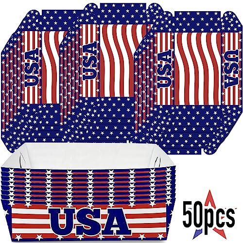 American Flag Paper Food Trays | (50 Pcs) Disposable USA Flag Concession Snack Trays | Patriotic Baskets for Nachos, Chips, Candy | Labor Day Party Decorations | Red, White and Blue Food Tray |BASHOUT