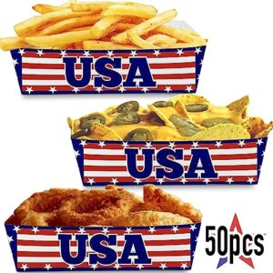 American Flag Paper Food Trays | (50 Pcs) Disposable USA Flag Concession Snack Trays | Patriotic Baskets for Nachos, Chips, Candy | Labor Day Party Decorations | Red, White and Blue Food Tray |BASHOUT