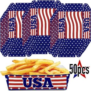 American Flag Paper Food Trays | (50 Pcs) Disposable USA Flag Concession Snack Trays | Patriotic Baskets for Nachos, Chips, Candy | Labor Day Party Decorations | Red, White and Blue Food Tray |BASHOUT