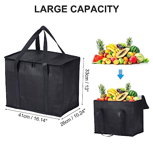 PATIKIL 4 Pack Insulated Reusable Grocery Bag, X-Large Food Delivery Bags with Zipper Thermal Food Bag for Hot/Cold Food Groceries Travel Beach, Black (16"x10"x13")