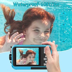 Digital Camera with 32GB Card Point and Shoot Waterproof Camera 10FT 30MP 1080P FHD Video Compact Portable 16X Zoom Waterproof Digital Camera for Kids（Blue）