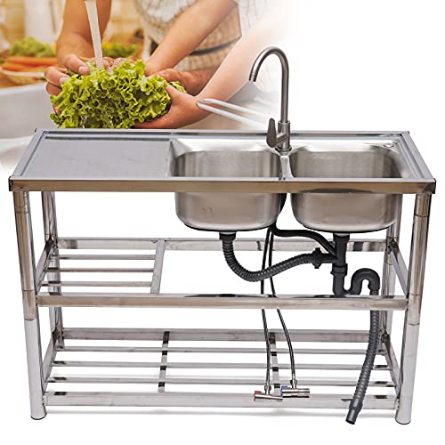 awolsrgiop Kitchen Commercial Left Worktop + Right Sink Stainless Steel Drainage Devices 2 Compartment + Prep Table Bowl Size 13x13x8", Suitable for Washing and Cleaning Food, Fruits, Vegetables