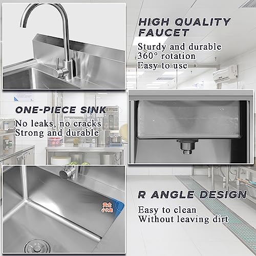 IOXGSGI Stainless Steel Commercial Sinks with Drainboards Faucet, Free Standing Sink 1 Compartment Large Utility Sink Garage Sink, Durable and Heavy-Duty, for Restaurant, Bar, Kitchens, Bathrooms