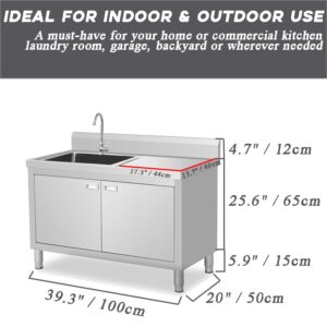 IOXGSGI Stainless Steel Commercial Sinks with Drainboards Faucet, Free Standing Sink 1 Compartment Large Utility Sink Garage Sink, Durable and Heavy-Duty, for Restaurant, Bar, Kitchens, Bathrooms