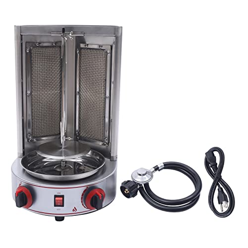 110V Vertical Gas Broiler Shawarma Machine Doner Kebab Gyro Grill Machine Rotisserie 3000W Oven Meat Broiler With 2 Burner For Commercial Home Restaurant Kitchen (Stainless Steel With Gas)