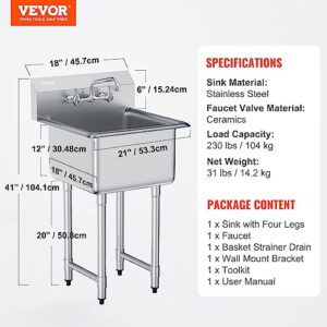 VEVOR Stainless Steel Prep & Utility Sink, 1 Compartment Free Standing Small Sink Include Faucet & legs, 21"x41" Commercial Single Bowl Sinks for Garage, Restaurant, Kitchen, Laundry, NSF Certified