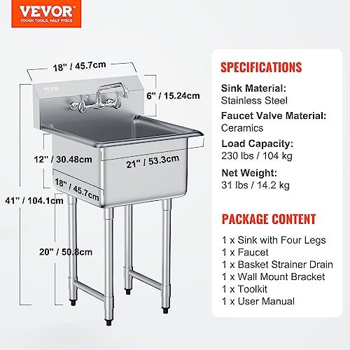 VEVOR Stainless Steel Prep & Utility Sink, 1 Compartment Free Standing Small Sink Include Faucet & legs, 21"x41" Commercial Single Bowl Sinks for Garage, Restaurant, Kitchen, Laundry, NSF Certified