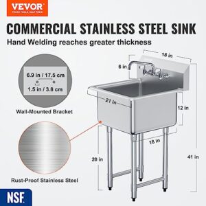 VEVOR Stainless Steel Prep & Utility Sink, 1 Compartment Free Standing Small Sink Include Faucet & legs, 21"x41" Commercial Single Bowl Sinks for Garage, Restaurant, Kitchen, Laundry, NSF Certified