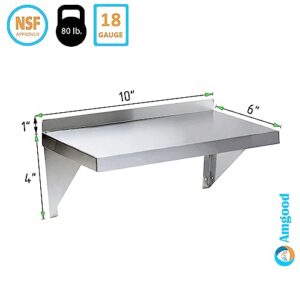 AmGood 06" Width x 10" Length | Stainless Steel Wall Shelf | Square Edge | Metal Shelving | Heavy Duty | Commercial Grade | Wall Mount | NSF Certified