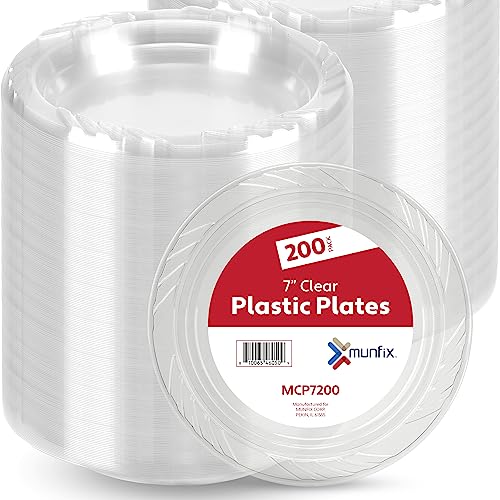 Munfix 7 Inch Clear Plastic Plates 200 Bulk Pack - Disposable Cake Plates for Dessert & Appetizers BBQ Party Dinner Travel and Events, Microwavable Recyclable