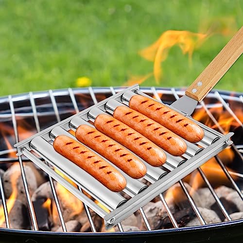 Hcqxnsl Hot Dog Roller Portable Sausage Roller Rack with Wood Handle and 4 Sticks Stainless Steel Sausage Roll Griller Detachable BBQ Hot Dog Griller 5 Hot Dog Capacity for Hot Dog Sausage