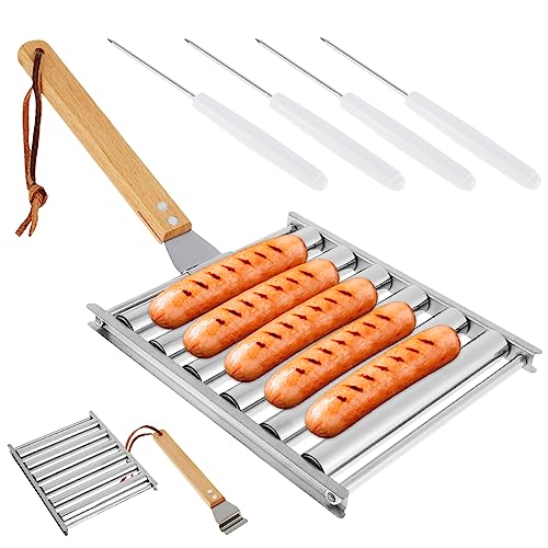 Hcqxnsl Hot Dog Roller Portable Sausage Roller Rack with Wood Handle and 4 Sticks Stainless Steel Sausage Roll Griller Detachable BBQ Hot Dog Griller 5 Hot Dog Capacity for Hot Dog Sausage