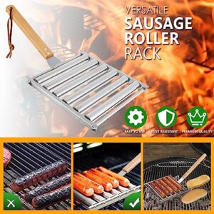 Hcqxnsl Hot Dog Roller Portable Sausage Roller Rack with Wood Handle and 4 Sticks Stainless Steel Sausage Roll Griller Detachable BBQ Hot Dog Griller 5 Hot Dog Capacity for Hot Dog Sausage