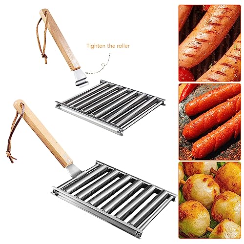 Hcqxnsl Hot Dog Roller Portable Sausage Roller Rack with Wood Handle and 4 Sticks Stainless Steel Sausage Roll Griller Detachable BBQ Hot Dog Griller 5 Hot Dog Capacity for Hot Dog Sausage