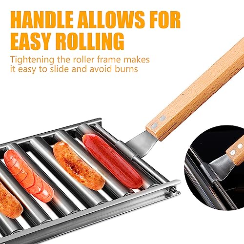 Hcqxnsl Hot Dog Roller Portable Sausage Roller Rack with Wood Handle and 4 Sticks Stainless Steel Sausage Roll Griller Detachable BBQ Hot Dog Griller 5 Hot Dog Capacity for Hot Dog Sausage