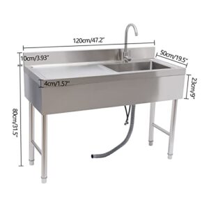 Commercial Sink, Free Standing Stainless Steel Single Bowl Restaurant Kitchen Sink Set w/Faucet & Drainboard, Prep Utility Washing Hand Basin w/Workbench Storage Shelves Indoor Outdoor