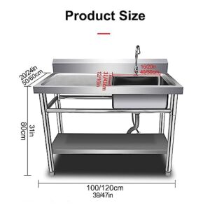 MEULE Kitchen Sinks Utility Sink,Free Standing Stainless Steel Sink Single Bowl Commercial Restaurant Kitchen Sink Set w/Faucet& Double Storage Shelves 120 * 60 * 80cm/47 * 24 * 31in 201#1.0-Left