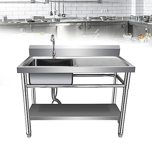 MEULE Kitchen Sinks Utility Sink,Free Standing Stainless Steel Sink Single Bowl Commercial Restaurant Kitchen Sink Set w/Faucet& Double Storage Shelves 120 * 60 * 80cm/47 * 24 * 31in 201#1.0-Left