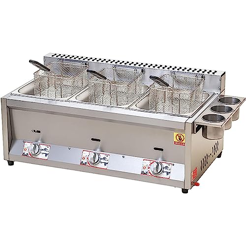 Stainless Steel LPG Fryer, Commercial Multi-function Gas Fryer With 3 Fried Baskets, 24L Deep Fat Chip Fryer, Freestanding Temperature Control, for Catering Takeaway Restaurant Café