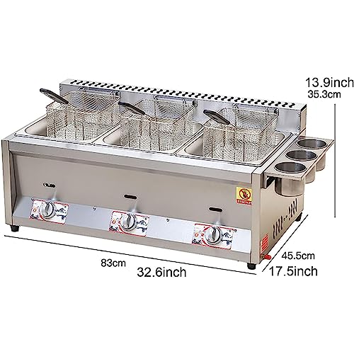 Stainless Steel LPG Fryer, Commercial Multi-function Gas Fryer With 3 Fried Baskets, 24L Deep Fat Chip Fryer, Freestanding Temperature Control, for Catering Takeaway Restaurant Café