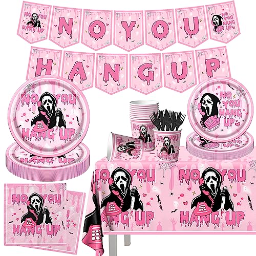 Halloween Scream Birthday Decorations-142pcs No You Hang Up Tableware,Pink Scream Halloween Party Plates Napkins Cups Tablecloth Banner for Girl Halloween Birthday Party Horror Decor