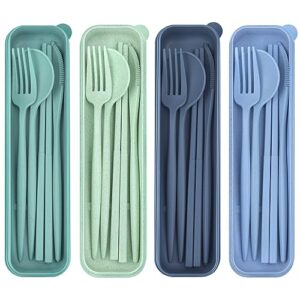 4 sets reusable utensils set with case, travel utensils with case, reusable utensils for lunch box accessories, portable chopsticks knife fork and spoon lunch utensils set for work,travel or daily use