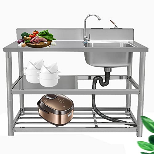 304 Stainless Steel Commercial Sink,Free Standing Kitchen Prep Station Single Bowl,Utility Sink With Faucet & Drainboard,Washing Hand Basin With Workbench & Storage Shelves Indoor Outdoor (Color : R