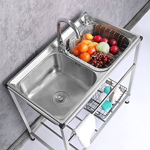 Large Free Standing Wash Station Tubs and Drainage，Commercial Garage Single Bowl Stainless Steel Sink，Free Standing，for Laundry Room, Basement, Utility Room,Outdoor and Indoor. ( Size : 82*45*75+Cold