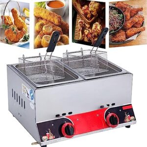 Commercial Gas Fryer, 22L Large Capacity Dual Fryer With Removable Baskets and Temperature Control, Stainless Steel LPG Countertop Gas Fryer, Chip Fryer for Catering Takeaway Restaurant Café