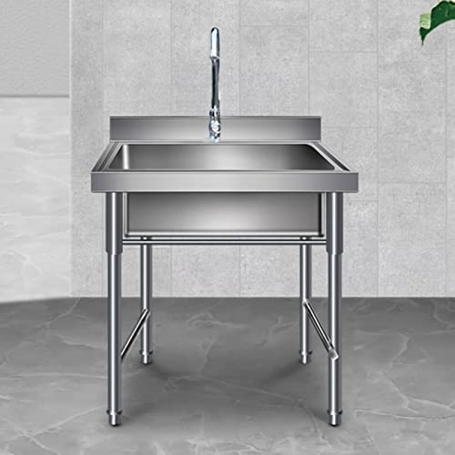 MARQI Commercial Catering Sink, Freestanding Stainless Steel Single Bowl Sink W/Faucet, Kitchen Restaurant Hotel Storage Shelf