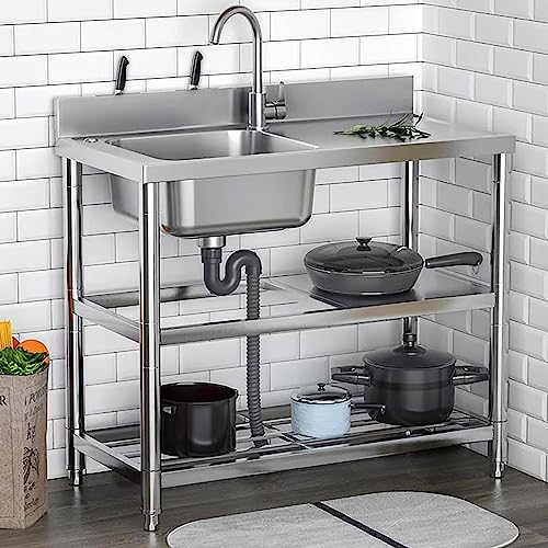 IOXGSGI Free Standing Stainless-Steel Single Bowl Commercial Restaurant Kitchen Sink Set W/Faucet & Drainboard, Prep & Utility Washing Hand Basin Wwworkbench & Double Storage Shelves (39.5In)