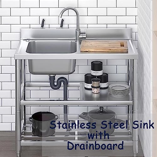 IOXGSGI Free Standing Stainless-Steel Single Bowl Commercial Restaurant Kitchen Sink Set W/Faucet & Drainboard, Prep & Utility Washing Hand Basin Wwworkbench & Double Storage Shelves (39.5In)