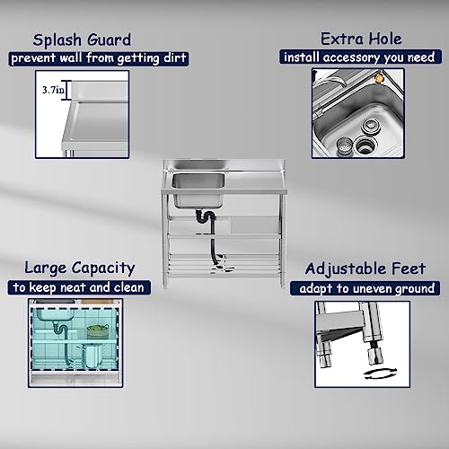 IOXGSGI Free Standing Stainless-Steel Single Bowl Commercial Restaurant Kitchen Sink Set W/Faucet & Drainboard, Prep & Utility Washing Hand Basin Wwworkbench & Double Storage Shelves (39.5In)