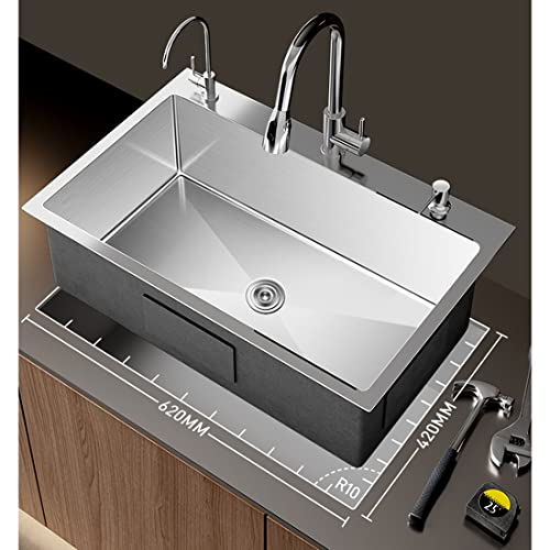 Drop in Kitchen Sink Workstation -304 Stainless Steel Sink Single Bowl Matte Black Stainless Steel Kitchen Sink with Cutting Board&Strainer (Size : 75 * 43 * 20cm/29.5 * 16.9 * 7.8in)