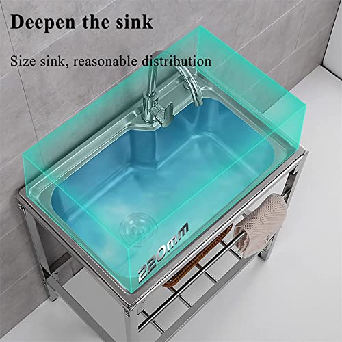 MARQI Kitchen Free Standing Sink 304 Stainless Steel Single Bowl Sink, Commercial Restaurant Sink with Faucet Drain Basket, Shelf, Towel Bar, for Garage, Laundry Room, Outdoor