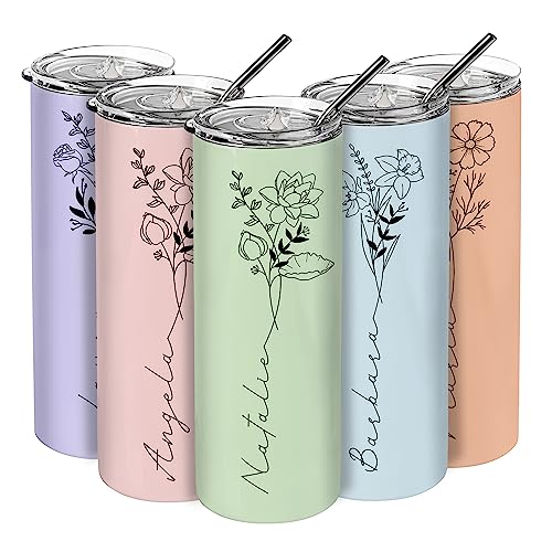 Birthday Gifts For Women, Personalized Skinny Tumblers with Birth Flower I 10 Colors - 20 Oz I Gifts for Women, BPA Free Tumbler Customized with Name