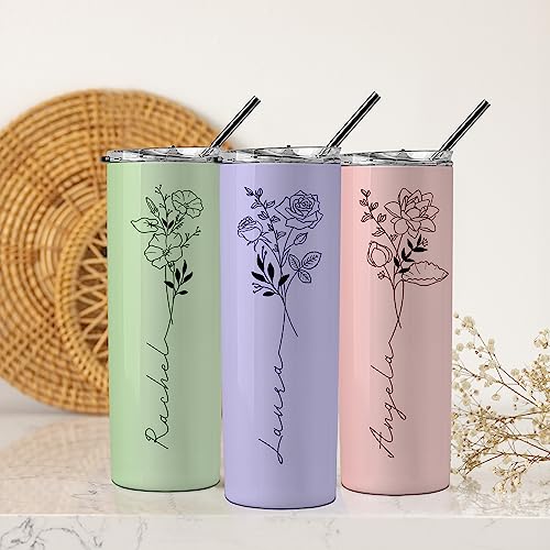 Birthday Gifts For Women, Personalized Skinny Tumblers with Birth Flower I 10 Colors - 20 Oz I Gifts for Women, BPA Free Tumbler Customized with Name