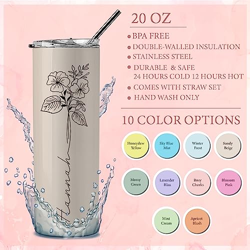 Birthday Gifts For Women, Personalized Skinny Tumblers with Birth Flower I 10 Colors - 20 Oz I Gifts for Women, BPA Free Tumbler Customized with Name