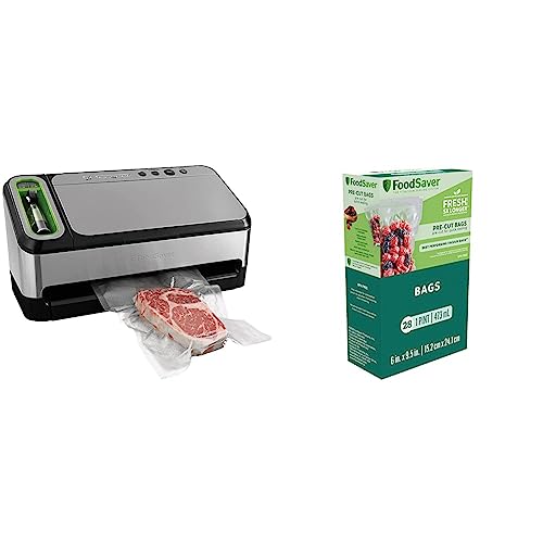 FoodSaver Vacuum Sealer Machine, Silver & 1-Pint Precut Vacuum Seal Bags with BPA-Free Multilayer Construction for Food Preservation, 28 Count, Clear