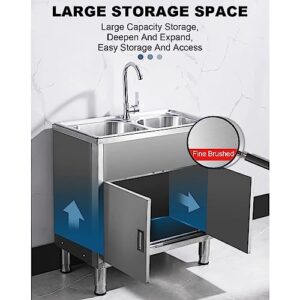 Utility Sink Double Bowl Sinks Stainless Steel Stand Alone Sink Free Standing Catering Commercial Sink with Drainer Unit and Tap for Outdoor Indoor Garage Laundry/Utility Room. ( Color : Hot and cold