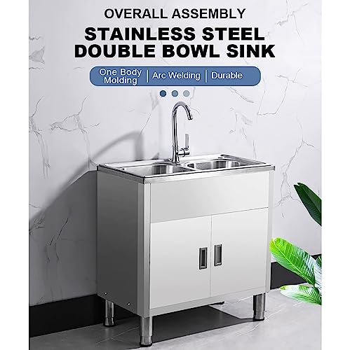 Utility Sink Double Bowl Sinks Stainless Steel Stand Alone Sink Free Standing Catering Commercial Sink with Drainer Unit and Tap for Outdoor Indoor Garage Laundry/Utility Room. ( Color : Hot and cold