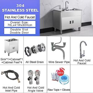 Utility Sink Double Bowl Sinks Stainless Steel Stand Alone Sink Free Standing Catering Commercial Sink with Drainer Unit and Tap for Outdoor Indoor Garage Laundry/Utility Room. ( Color : Hot and cold