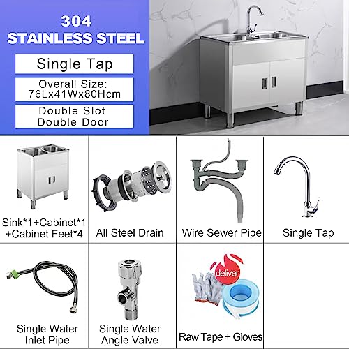 Utility Sink Kitchen Sink Stainless Steel Freestanding Sink with Faucet and Storage Shelves with Drainer Unit for Outdoor Garage Commercial Restaurant Kitchen Laundry Room. ( Color : Single cold , Siz