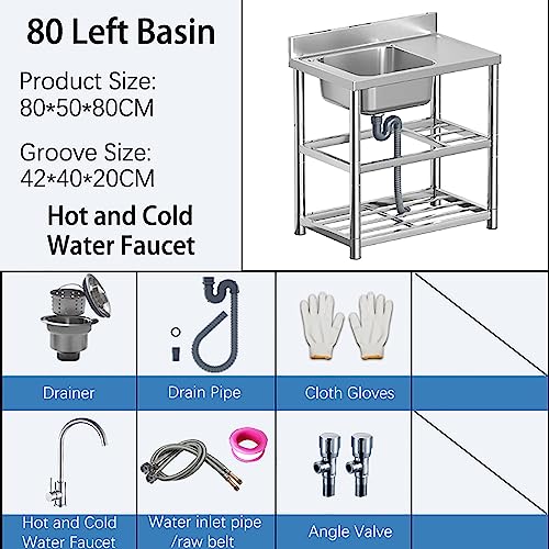 Free Standing Commercial Restaurant Kitchen Sink,Commercial/Industrial Sink,Stainless Steel Utility Sink w/Faucet, Stainless Steel 1 Compartment Utility Sink ( Color : Hot and cold , Size : LEFT_80*50