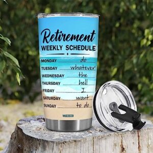 WHIDOBE Retirement Gifts - Retirement Weekly Schedule Tumbler for Women, Mom, Grandma, Woman - Retired Calendar Tumbler for Coworkers Family Her, Girl Mothers Day Birthday Christmas 20OZ