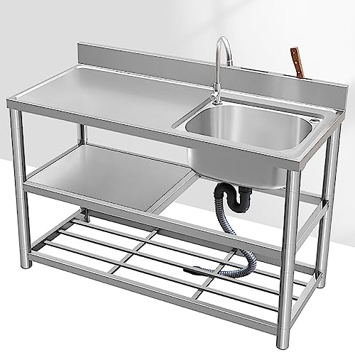 NYCDA Utility Free-Standing Commercial Sink, Outdoor Stainless Steel Sink Single Bowl Restaurant Kitchen Sink Set, w/Drainboard & Double Storage Shelves, Faucet 80x50x80cm/31.5x19.7x31.5in Right